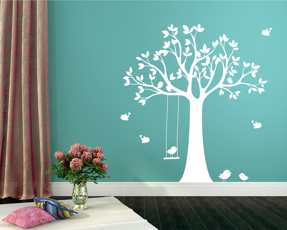 Large Tree Wall Decal with Swinging Birds Stickers