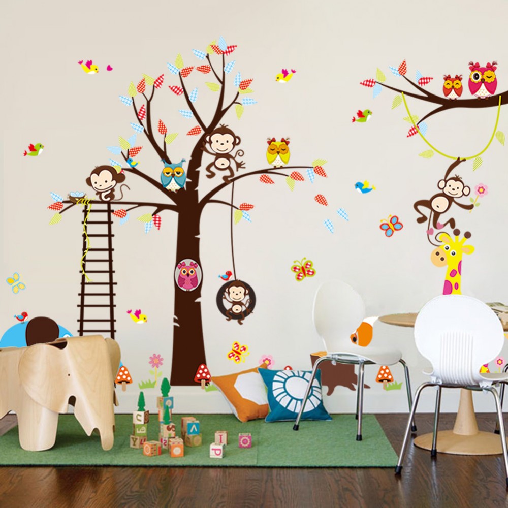 Tree Wall Sticker with Squirrel, Fox, Mushroom, Owls, Monkey, Birds ...